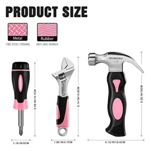 WORKPRO 10-piece Pink Tool Kit, Household Tools Set with Screwdriver Bits Holder Set, Adjustable Wrench and Stubby Claw Hammer-Pink Ribbon