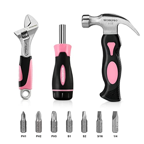 WORKPRO 10-piece Pink Tool Kit, Household Tools Set with Screwdriver Bits Holder Set, Adjustable Wrench and Stubby Claw Hammer-Pink Ribbon