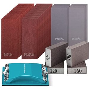 sandpaper 65pcs, sand paper, sandpaper assortment 80/120/400/600grit, assorted sandpaper for wood, sanding sponges, sanding handle, heavy grit sandpaper sheets for wood, metal, wet and dry sanding