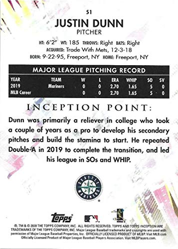 2020 Topps Inception #51 Justin Dunn Seattle Mariners Rookie Baseball Card