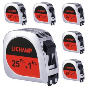 lichamp tape measure 25 ft with magnetic, 6 pack bulk easy read chrome measuring tape retractable with fractions 1/8, measurement tape 25-foot by 1-inch, square