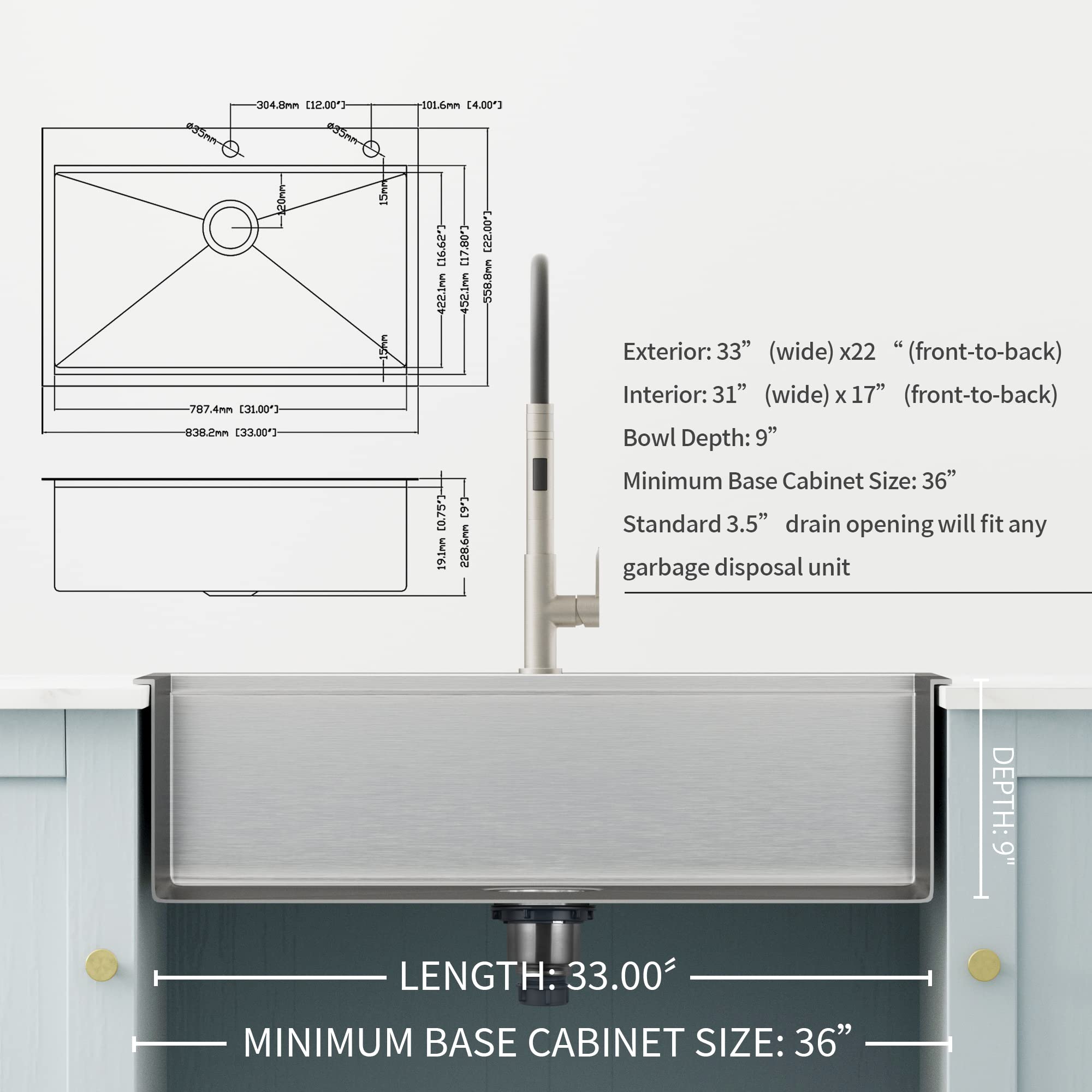 Hausinluck 33 x 22 inch Drop-in Kitchen Sink, Stainless Steel Drop-in Workstation Kitchen Sink 18 Gauge Handmade Modern Topmount Single Bowl Kitchen Sink with Ledge and Accessories (Pack of 5)