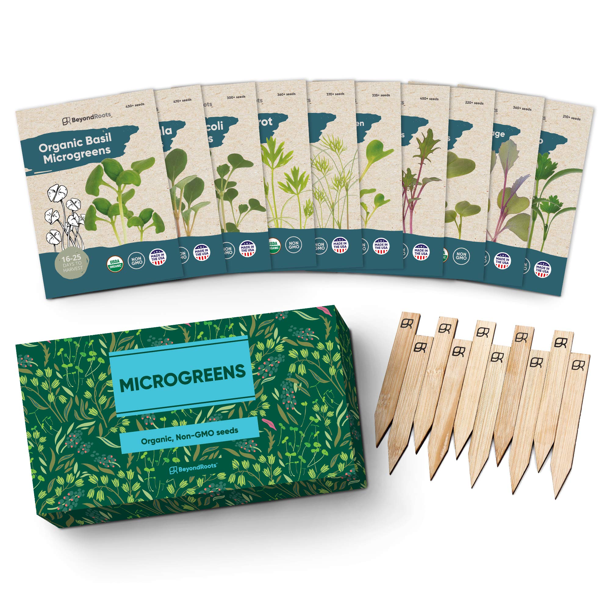 Organic Microgreens Seeds for Sprouting Variety Pack - 100% USDA Organic Sprouting Seeds - 10 Heirloom Seed Packets & Plant Markers