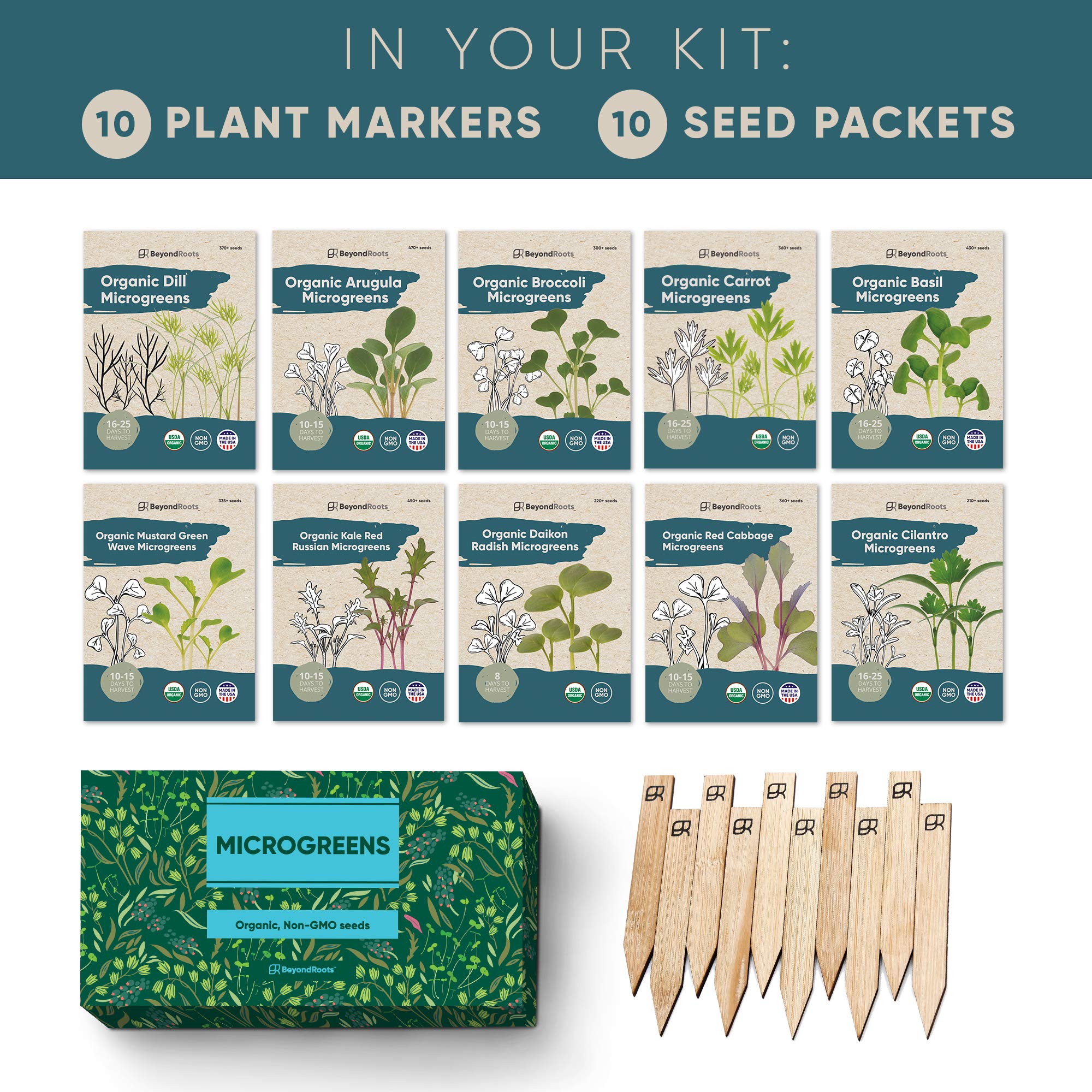 Organic Microgreens Seeds for Sprouting Variety Pack - 100% USDA Organic Sprouting Seeds - 10 Heirloom Seed Packets & Plant Markers