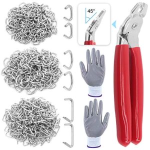 glarks 362pcs hog ring pliers with hog rings kit, 360pcs 1/2'' 3/4'' 3/8'' steel hog rings with angled hog ring pliers and anti-cutting gloves for upholstery, fencing, diy craft, furniture and more