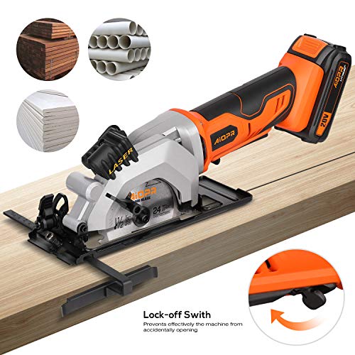 AIOPR 20V 4-1/2" Cordless Mini Circular Saw with Laser Guide, Rip Guide, Vacuum Adapter and 2 Blades (97630L)