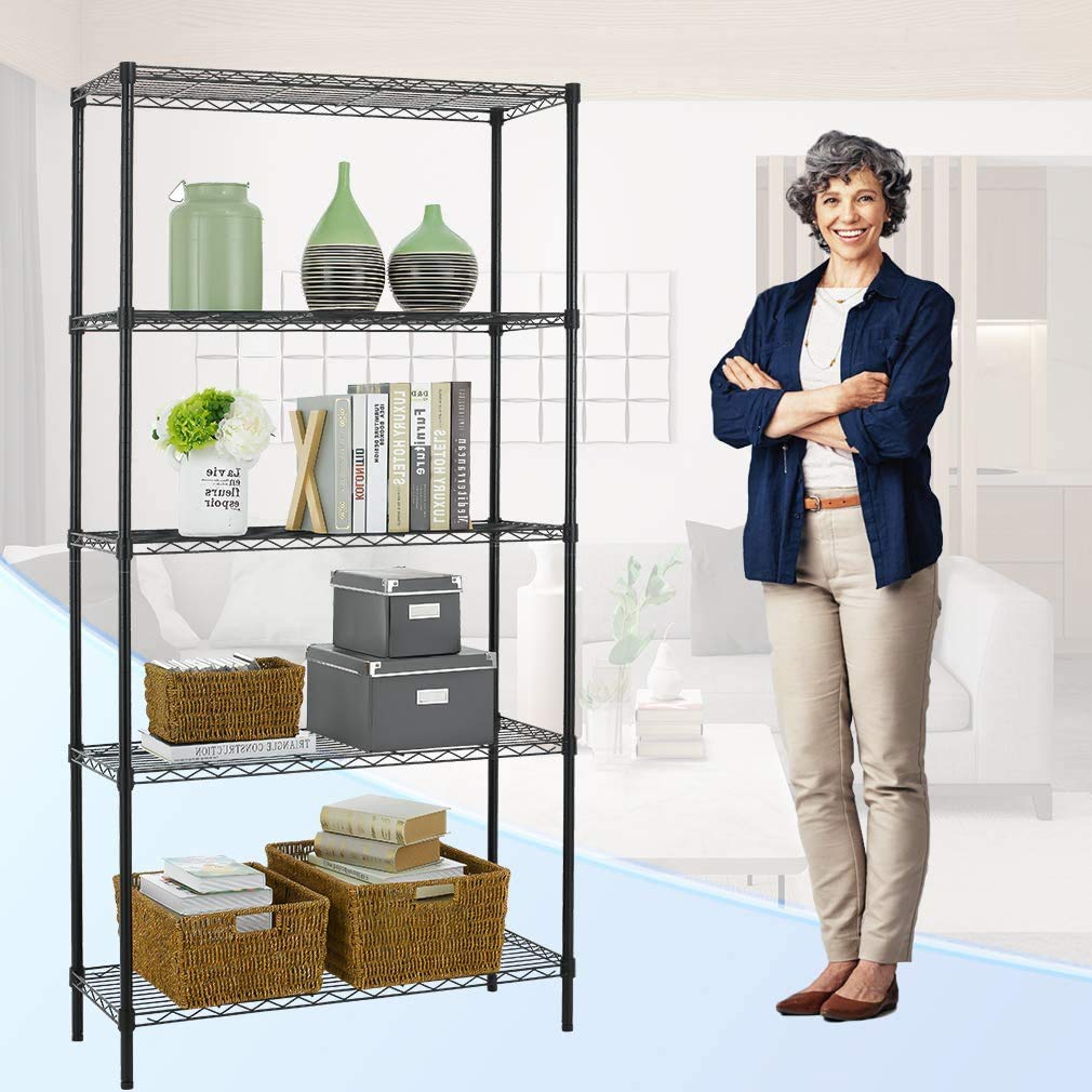 Black 5 Shelf Wire Shelving Unit, Garage NSF Metal Shelf Organizer Large Storage Shelves Heavy Duty Height Adjustable Utility Commercial Grade Steel Layer Shelf Rack (1250 LBS Capacity) - 72x36x14