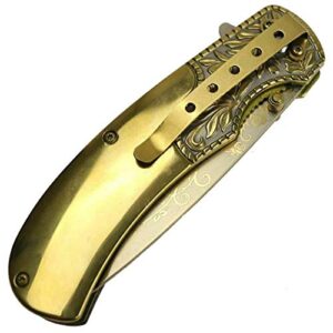 9" Gold Samurai Spring Assisted Folding Tactical Pocket Stainless Steel Blade Knife Sculpted Art