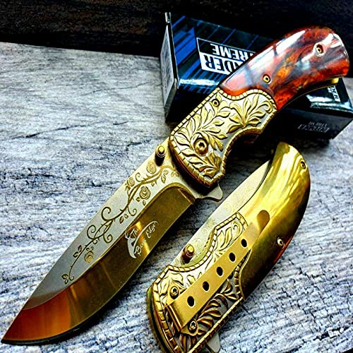 9" Gold Samurai Spring Assisted Folding Tactical Pocket Stainless Steel Blade Knife Sculpted Art