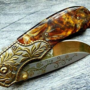 9" Gold Samurai Spring Assisted Folding Tactical Pocket Stainless Steel Blade Knife Sculpted Art