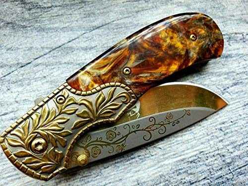 9" Gold Samurai Spring Assisted Folding Tactical Pocket Stainless Steel Blade Knife Sculpted Art