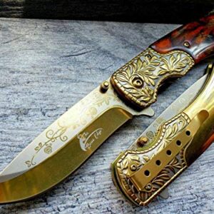 9" Gold Samurai Spring Assisted Folding Tactical Pocket Stainless Steel Blade Knife Sculpted Art