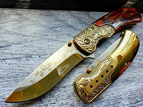 9" Gold Samurai Spring Assisted Folding Tactical Pocket Stainless Steel Blade Knife Sculpted Art