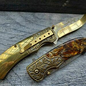 9" Gold Samurai Spring Assisted Folding Tactical Pocket Stainless Steel Blade Knife Sculpted Art