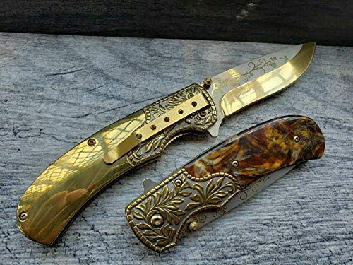 9" Gold Samurai Spring Assisted Folding Tactical Pocket Stainless Steel Blade Knife Sculpted Art