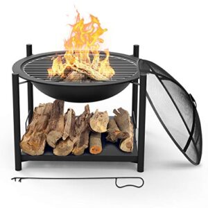 serenelife portable outdoor wood fire pit - 2-in-1 steel bbq grill 26" wood burning fire pit bowl w/ mesh spark screen, cover log grate, wood fire poker for camping, picnic, bonfire - slcarfp54