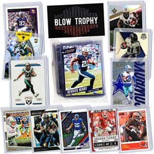 nfl running back football card bundle, assorted set of 12 mint star rb football cards gift set, includes one relic, serial, or rookie, protected by sleeve and toploader with fantasy football ebook