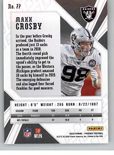 2020 Panini Phoenix Fanatics Exclusive Fire Burst Football #77 Maxx Crosby Las Vegas Raiders Official NFL Trading Card from Panini America in Raw (NM or Better) Condition