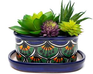 enchanted talavera mexican talavera ceramic succulent pot mini flower planter cactus bonsai pot w/drainage & drip dish home garden office desk décor gift set (peacock)