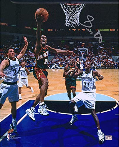 Gary Payton Seattle Supersonics Autographed 8" x 10" Layup vs Minnesota Photograph - Autographed NBA Photos