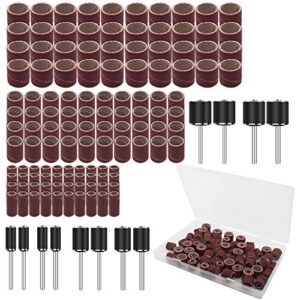 kalim 132pcs sanding drum set, 120 grit sanding sleeves with drum mandrels, 40pcs each size drum sander for dremel rotary tool - 1/4'', 3/8'', 1/2''