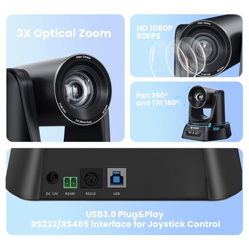 TONGVEO 3X Optical Zoom PTZ Camera 1080P 60fps USB 3.0 114-Degree Wide-Angle for Video Conference Business Meeting Live Streaming Online Learn with Zoom Skype Teams OBS and More