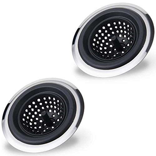 Angchine 2PCS Sink Strainers, Flexible Silicone and Stainless Steel Kitchen Sink Drainer Baskets, Large Wide 4.5’’ Diameter Rim. Anti-Clogging Micro Perforation Holes, Rust Free (Black)