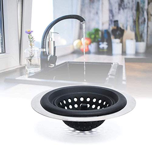 Angchine 2PCS Sink Strainers, Flexible Silicone and Stainless Steel Kitchen Sink Drainer Baskets, Large Wide 4.5’’ Diameter Rim. Anti-Clogging Micro Perforation Holes, Rust Free (Black)