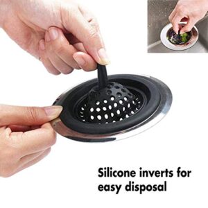 Angchine 2PCS Sink Strainers, Flexible Silicone and Stainless Steel Kitchen Sink Drainer Baskets, Large Wide 4.5’’ Diameter Rim. Anti-Clogging Micro Perforation Holes, Rust Free (Black)