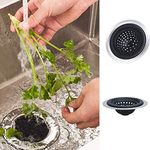 Angchine 2PCS Sink Strainers, Flexible Silicone and Stainless Steel Kitchen Sink Drainer Baskets, Large Wide 4.5’’ Diameter Rim. Anti-Clogging Micro Perforation Holes, Rust Free (Black)