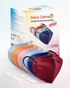 dolce calma kn95 face mask, 60 pack individually wrapped 5-ply breathable & comfortable multicolor masks for men and women, kn95 masks for adults with adjustable nose clip & flexible earloop kn95 mask