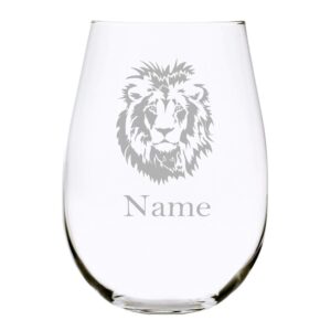 Lion with name 17 oz. stemless wine glass