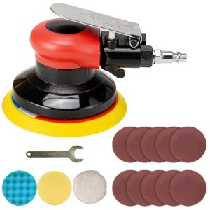 5" air random orbital sander pneumatic palm sander da sander with 10 pcs sandpapers 3pcs polishing pads buffing pads kit for sanding, finishing, polishing wood auto body work (sanders)