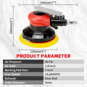 5" Air Random Orbital Sander Pneumatic Palm Sander Da Sander With 10 Pcs Sandpapers 3Pcs Polishing Pads Buffing Pads Kit for Sanding, Finishing, Polishing Wood Auto Body Work (Sanders)