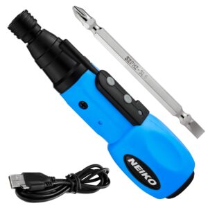 neiko 10577a cordless power screwdriver | 1/4” hex auto-lock safety chuck | includes phillips and flathead bit | usb rechargeable lithium-ion technology | auto and manual mode