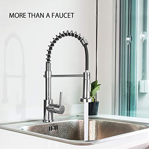 Single Handle Pull Down Spring Kitchen Faucet, Stainless Steel Brushed Nickel Kitchen Sink Faucet with Sprayer