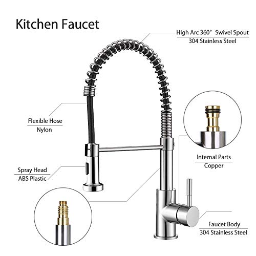 Single Handle Pull Down Spring Kitchen Faucet, Stainless Steel Brushed Nickel Kitchen Sink Faucet with Sprayer