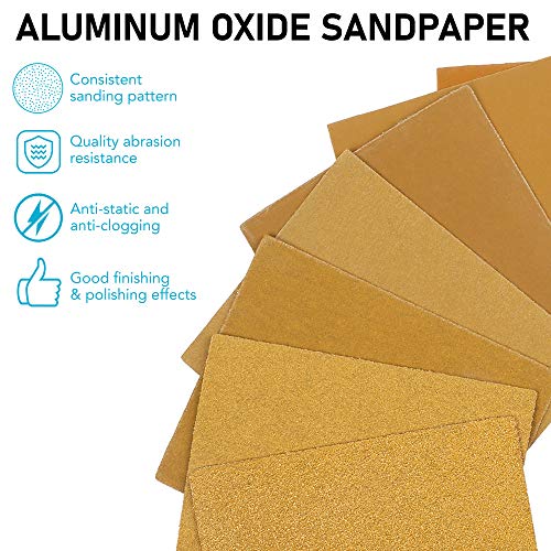 LotFancy 1/4 Sheet Sandpaper for Palm Sander, 50PCS 60 80 120 180 240 320 400 600 800 1000 Grit Sanding Sheets Assortment, Hook and Loop Sand Paper for Car and Wood, 5.5”x 4.5”