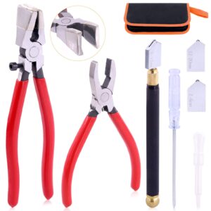 rustark 3pcs premium glass running breaking pliers and class cutter kit, heavy duty glass cutting tool with rubber tip, work great for stained glass, mosaics, fusing, breaking