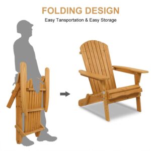 VINGLI Folding Wooden Adirondack Chair Set of 2 and Table Set, Fire Pit Seating Ergonomic Design, Folding Outdoor Patio Lounger Armchair Lawn Chairs Furniture w/Natural Finish, for Beach, Balcony