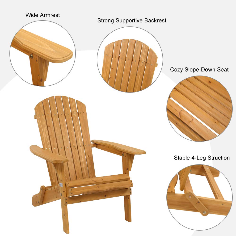 VINGLI Folding Wooden Adirondack Chair Set of 2 and Table Set, Fire Pit Seating Ergonomic Design, Folding Outdoor Patio Lounger Armchair Lawn Chairs Furniture w/Natural Finish, for Beach, Balcony