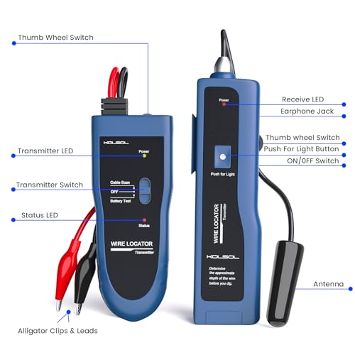 KOLSOL Underground Wire Locator, Cable Tester F02 Pro for Locate Wires, Locate Control Wires Cables Pet Fence Wires, up to 3-4 Feet Deep 2000 Feet Length, Equiped with Rechargeable 1100mAh Battery