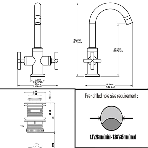 Phiestina Matte Black Centerset Bathroom Faucet, 4 Inch Single Hole or 3 Hole Vanity Faucet with 360°Swivel Spout, Deck Plate, Drain and Water Supply Line, SGF03-10-MB