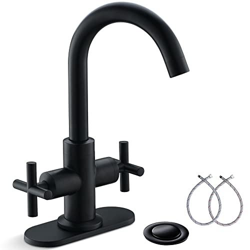 Phiestina Matte Black Centerset Bathroom Faucet, 4 Inch Single Hole or 3 Hole Vanity Faucet with 360°Swivel Spout, Deck Plate, Drain and Water Supply Line, SGF03-10-MB