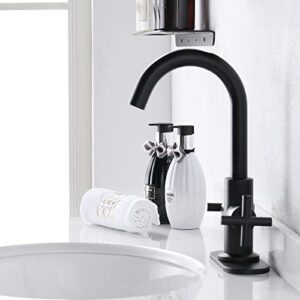 Phiestina Matte Black Centerset Bathroom Faucet, 4 Inch Single Hole or 3 Hole Vanity Faucet with 360°Swivel Spout, Deck Plate, Drain and Water Supply Line, SGF03-10-MB