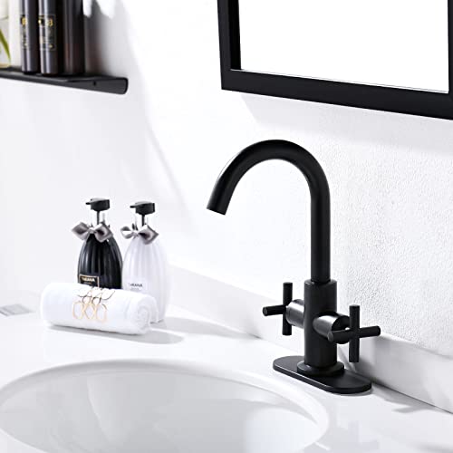 Phiestina Matte Black Centerset Bathroom Faucet, 4 Inch Single Hole or 3 Hole Vanity Faucet with 360°Swivel Spout, Deck Plate, Drain and Water Supply Line, SGF03-10-MB