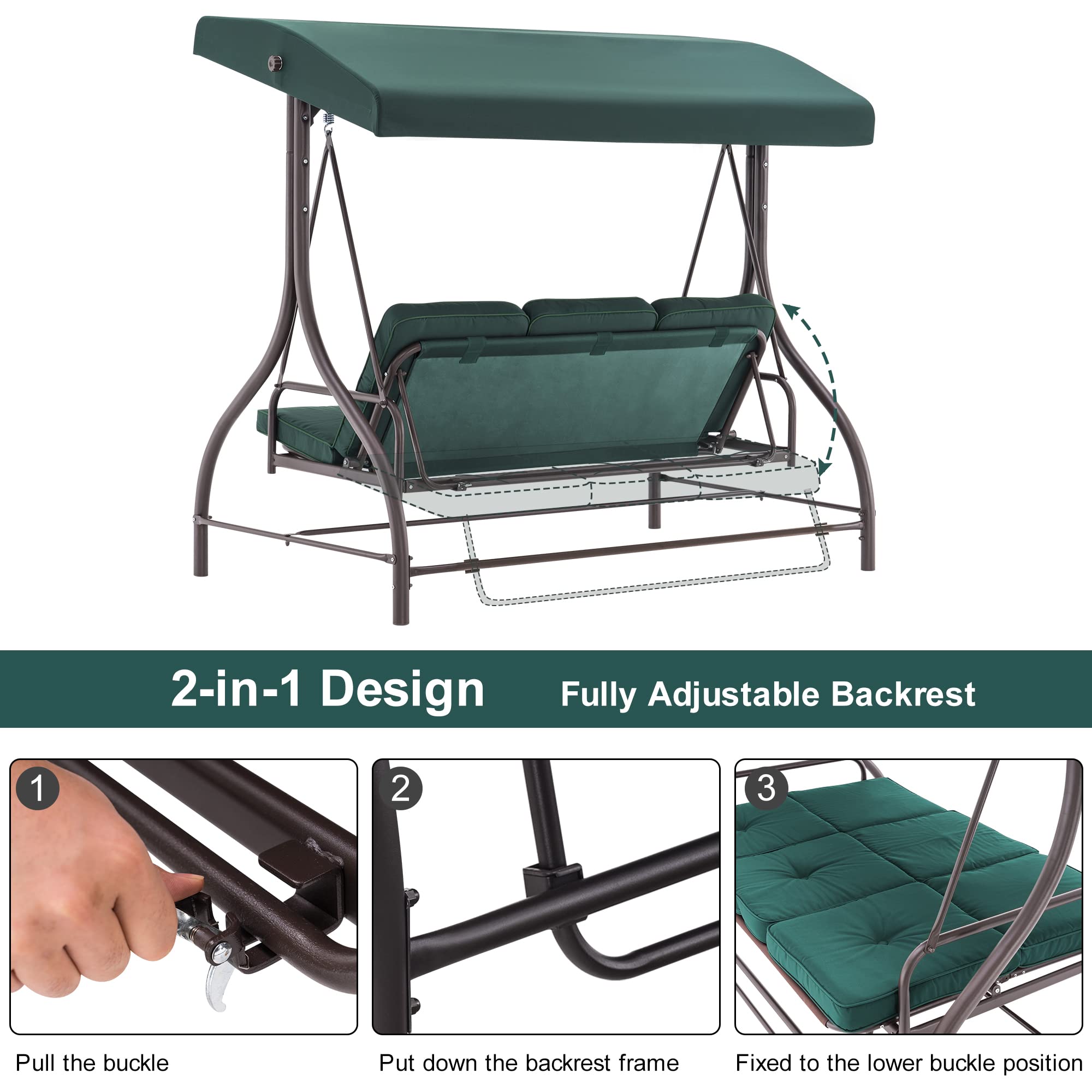 MCombo 3-Seat Outdoor Patio Swing Chair, Adjustable Backrest and Canopy, Porch Swing Glider Chair, w/Cushions and Pillows, 4068 (Green)