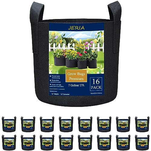 JERIA 16-Pack 7 Gallon Grow Bags, Heavy Duty Thickened Nonwoven Fabric Pots Container with Reinforced Handles, Vegetable/Flower/Plant Grow Pots Come with 16 Pcs Plant Labels