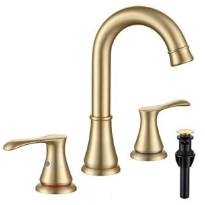 WiPPhs Bathroom Faucet for Sink 3 Hole with Pop Up Drain and cUPC Faucets Supply Hose, 2 Handle 8 inch Brass Widespread Bathroom Sink Faucet, Brushed Gold Basin Faucet Taps Mixer