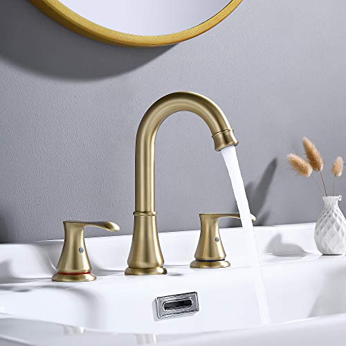 WiPPhs Bathroom Faucet for Sink 3 Hole with Pop Up Drain and cUPC Faucets Supply Hose, 2 Handle 8 inch Brass Widespread Bathroom Sink Faucet, Brushed Gold Basin Faucet Taps Mixer